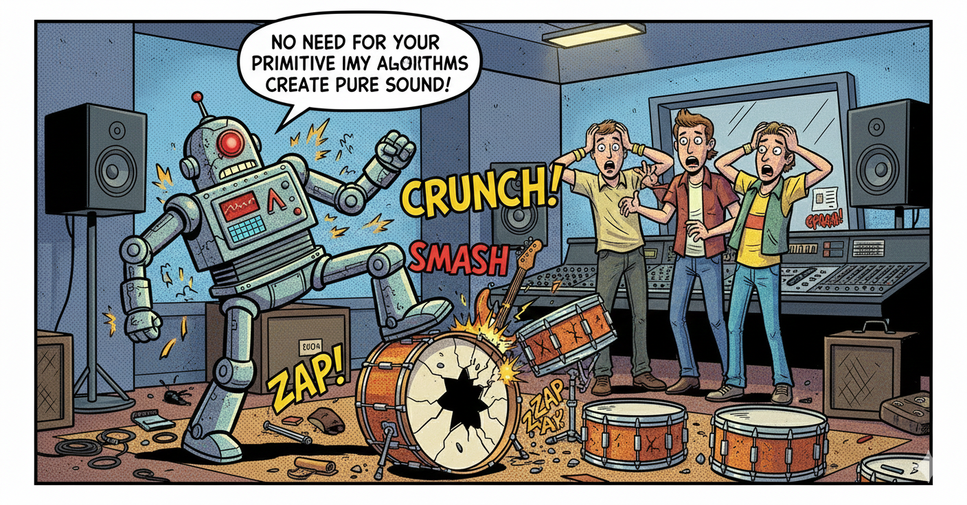 AI droid short circuits in recording studio and smashes bands drum set ...